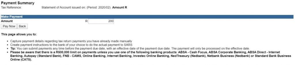 eFiling Payments (Credit Push) | South African Revenue Service
