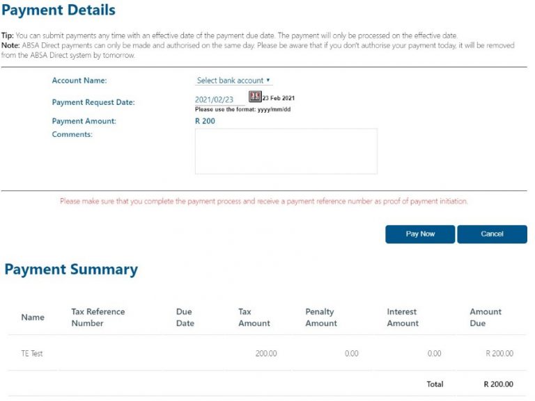 eFiling Payments (Credit Push) | South African Revenue Service