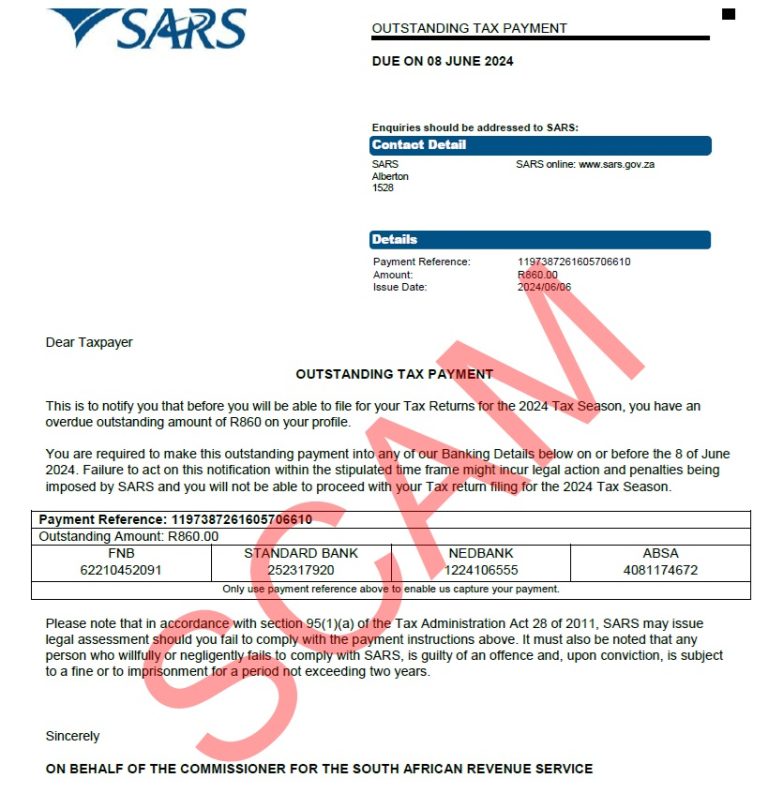 Scam alert - 'Outstanding Tax Payment' | South African Revenue Service
